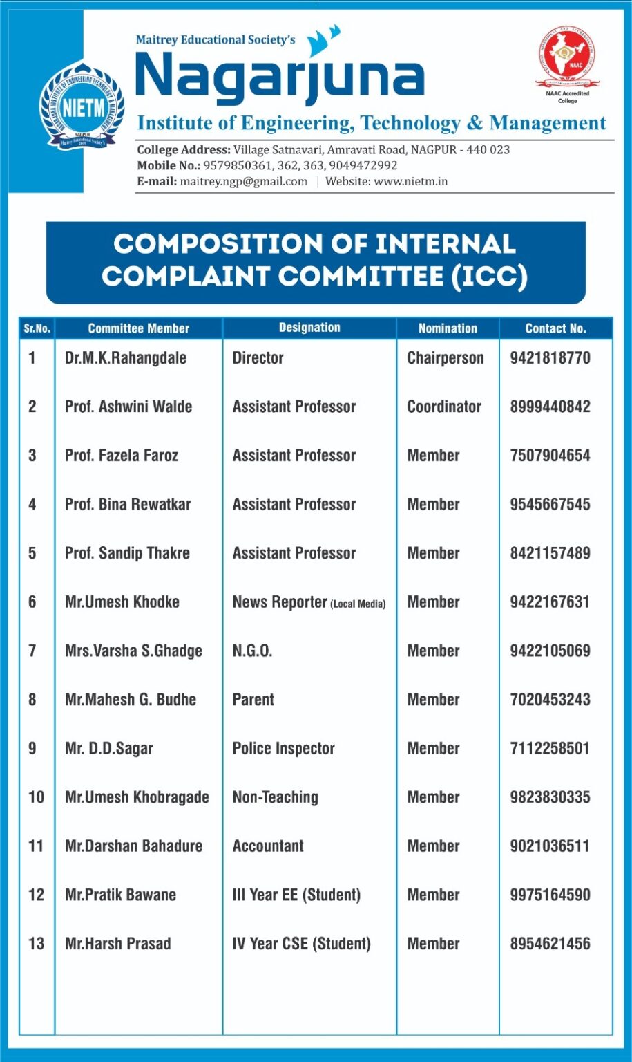 Internal Complaint Cell - Nagarjuna Institute of Engineering Technology ...